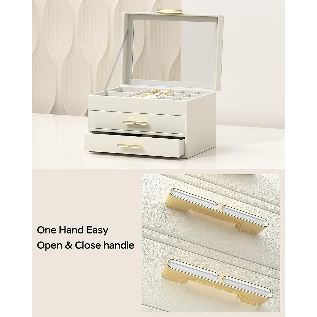 Jewelry Box for Women, 3-Layer Jewelry Organizer with Glass Lid, Flip-Top Leather Jewelry Boxes with 2 Drawers,Earring, Necklace, Ring, Bracelet Organizer Box for Big and Small Jewelry - Cloud White