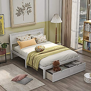 Modern Solid Wooden Platform Bed with Large Drawer Low Bed Frame with Headboard, No Box Spring Needed/Easy Assembly, Full White