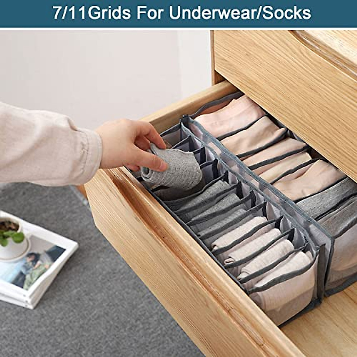 CSKB Wardrobe Clothes Organizer,5Pcs Drawer Organizers for Clothing, 6/7/9 Grids Stackable Dividers Closet Drawer Organizer with Built-in PP Board for Clothing Jeans,Pants, Sweaters,Hoodies