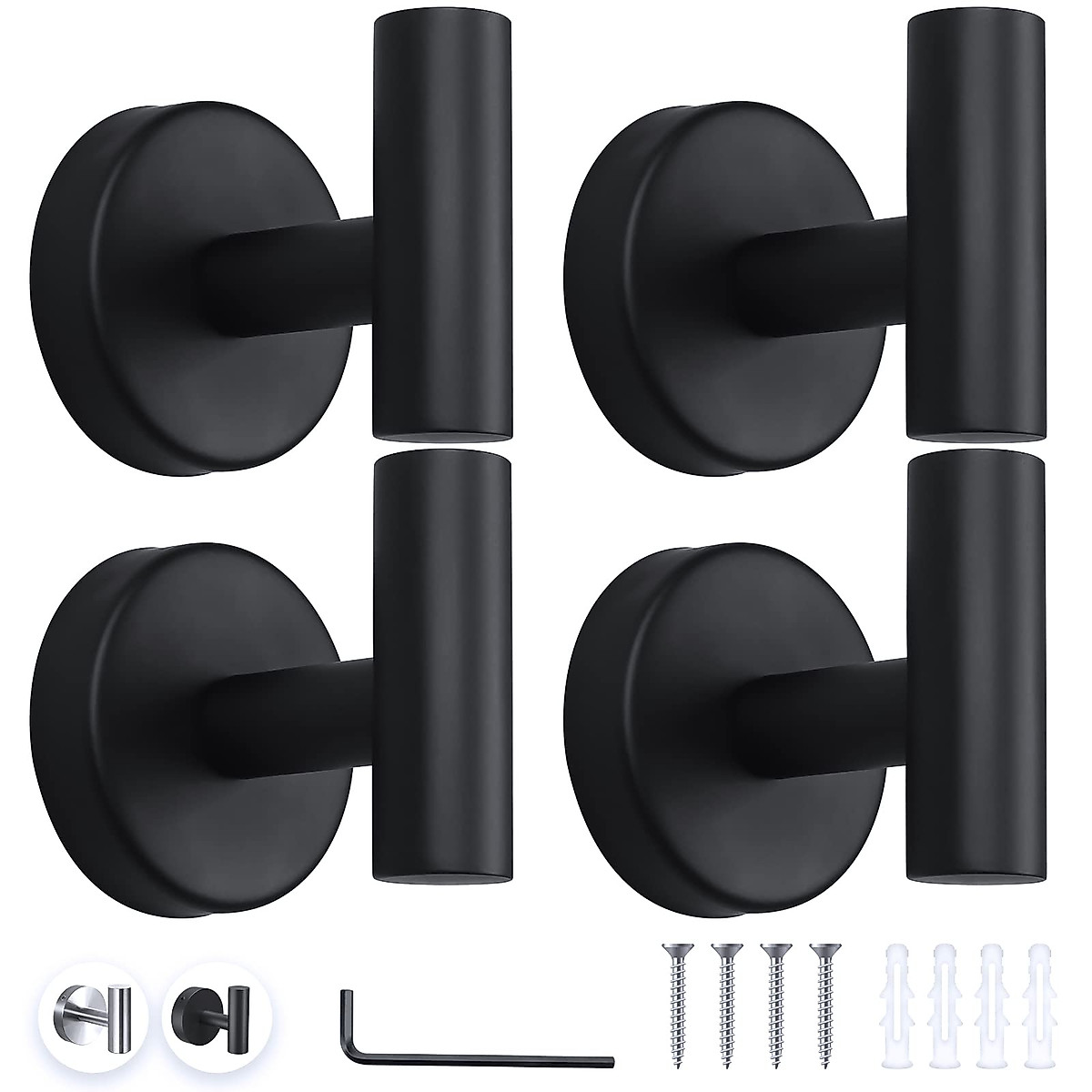 Budding Joy Towel Hooks for Bathrooms, Black Towel Hook Wall Mounted, Durable Stainless Steel Towel Hanger with Sleek Look, Heavy Duty Wall Hook for Hanging Coat Robe, Easy to Clean, 4-Pack