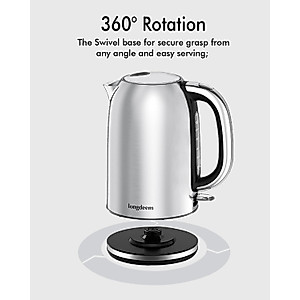 Longdeem Fast-Boil Electric Tea Kettle, 1.7L Stainless-Steel Water Heater, 1500W, Cordless Design with LED, Auto-Shutoff & Anti-Dry Protection, Silver