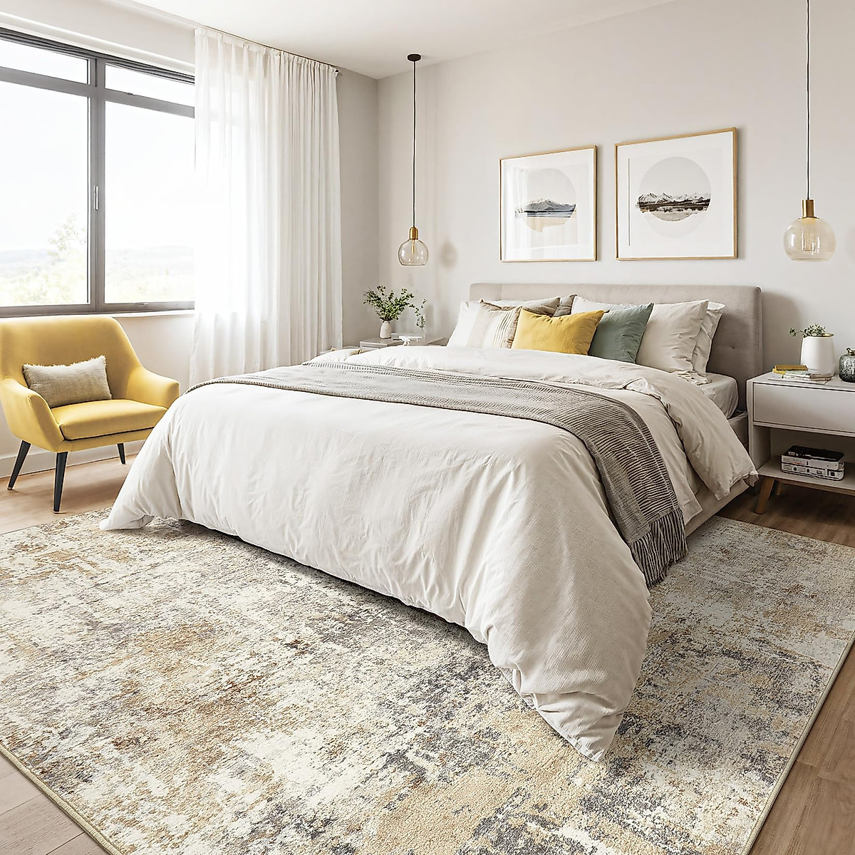 8x10 Area Rugs Living Room Rug: Large Soft Machine Washable Abstract Modern Stain Resistant Indoor Floor Carpet Low Pile Accent Rug for Bedroom Dining Room Office Nursery Kitchen Home- Grey Gold