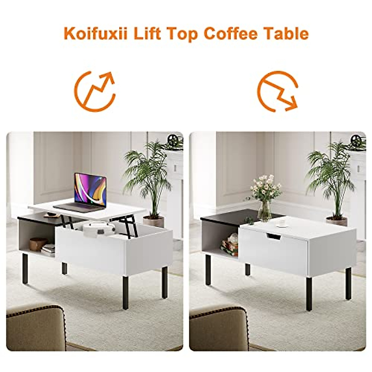 Koifuxii Coffee Table with Lift Top and Storage - White and Black Lift Top Coffee Tables for Living Room, Small Spaces - Lift up Coffee Table Wood, Metal Legs