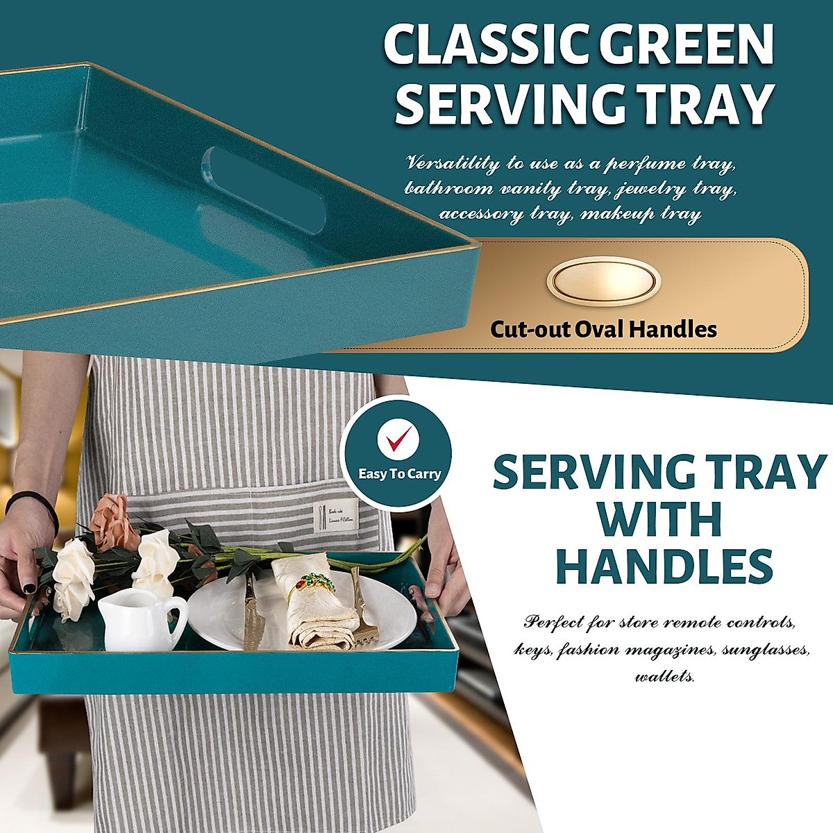 MAONAME Teal Serving Tray with Handles, Modern Decorative Tray for Coffee Table, Plastic Rectangular Tray for Ottoman, Bathroom, Decor, 15.75” x 10.2” x1.57