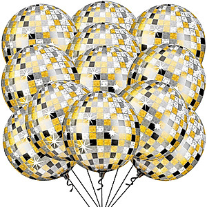 KatchOn, Huge Disco Ball Balloons -22 Inch, Pack of 12 | Black And Gold Disco Balloons for Disco Party Decorations | 360 Degree 4D Sphere Disco Balloons | Graduation Decorations Class of 2024