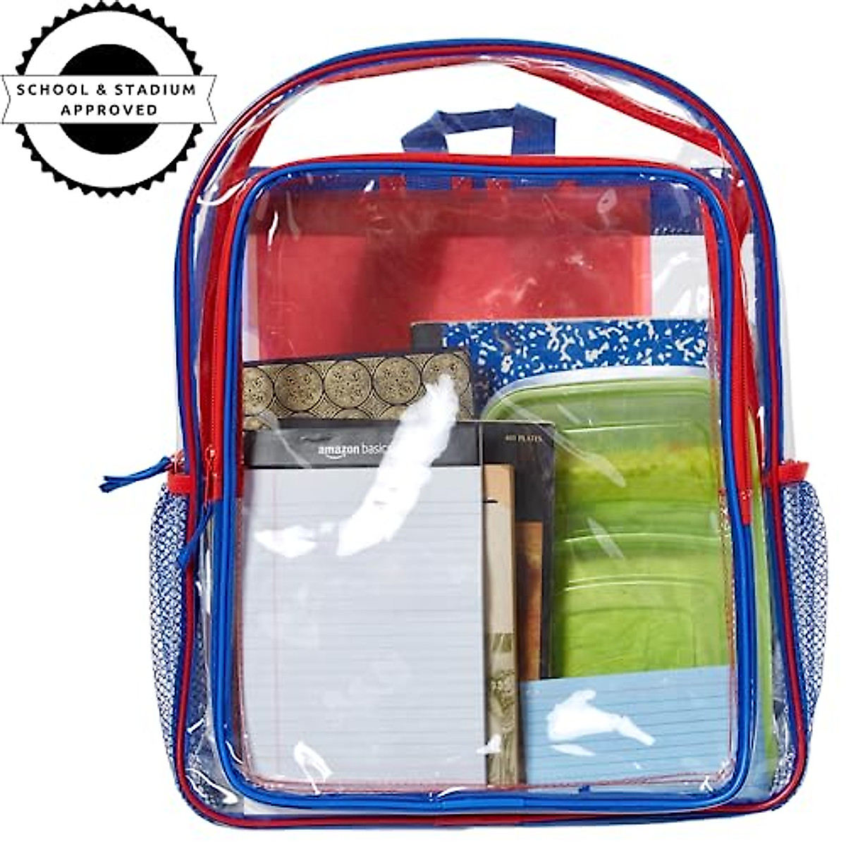 Large Clear Backpack for Kids with School Supplies Set, 16 inch Stadium Approved Transparent Bag, Red and Blue