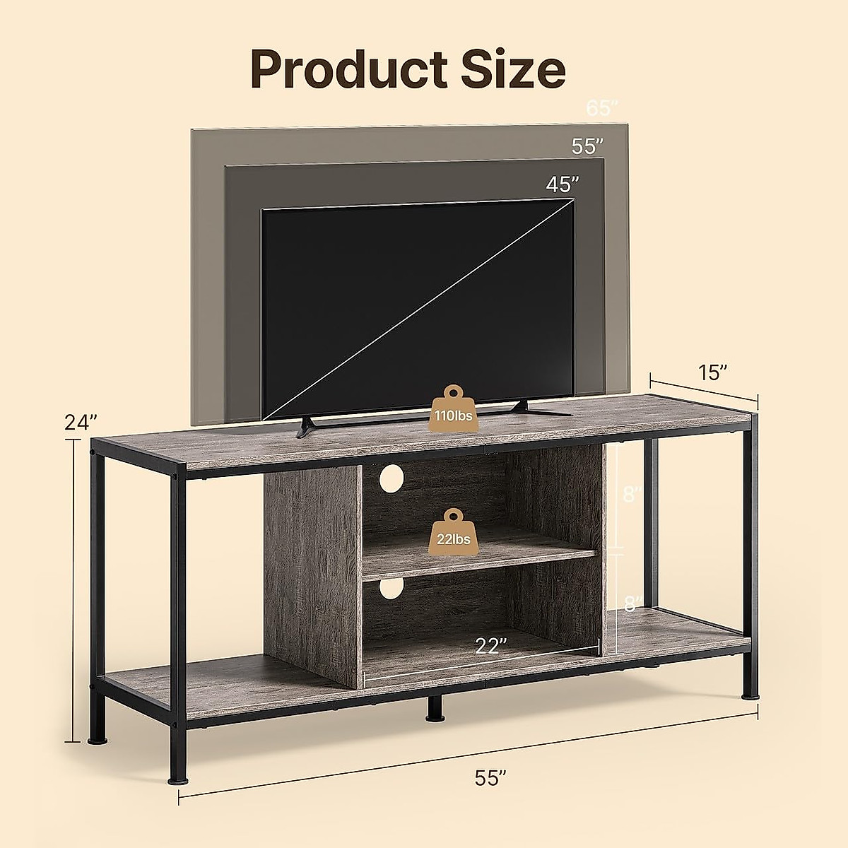 Gizoon TV Stand for TVs up to 65 Inch,Entertainment Center with Open Storage Shelves,TV Media Console Table for Living Room and Bedroom, Gray