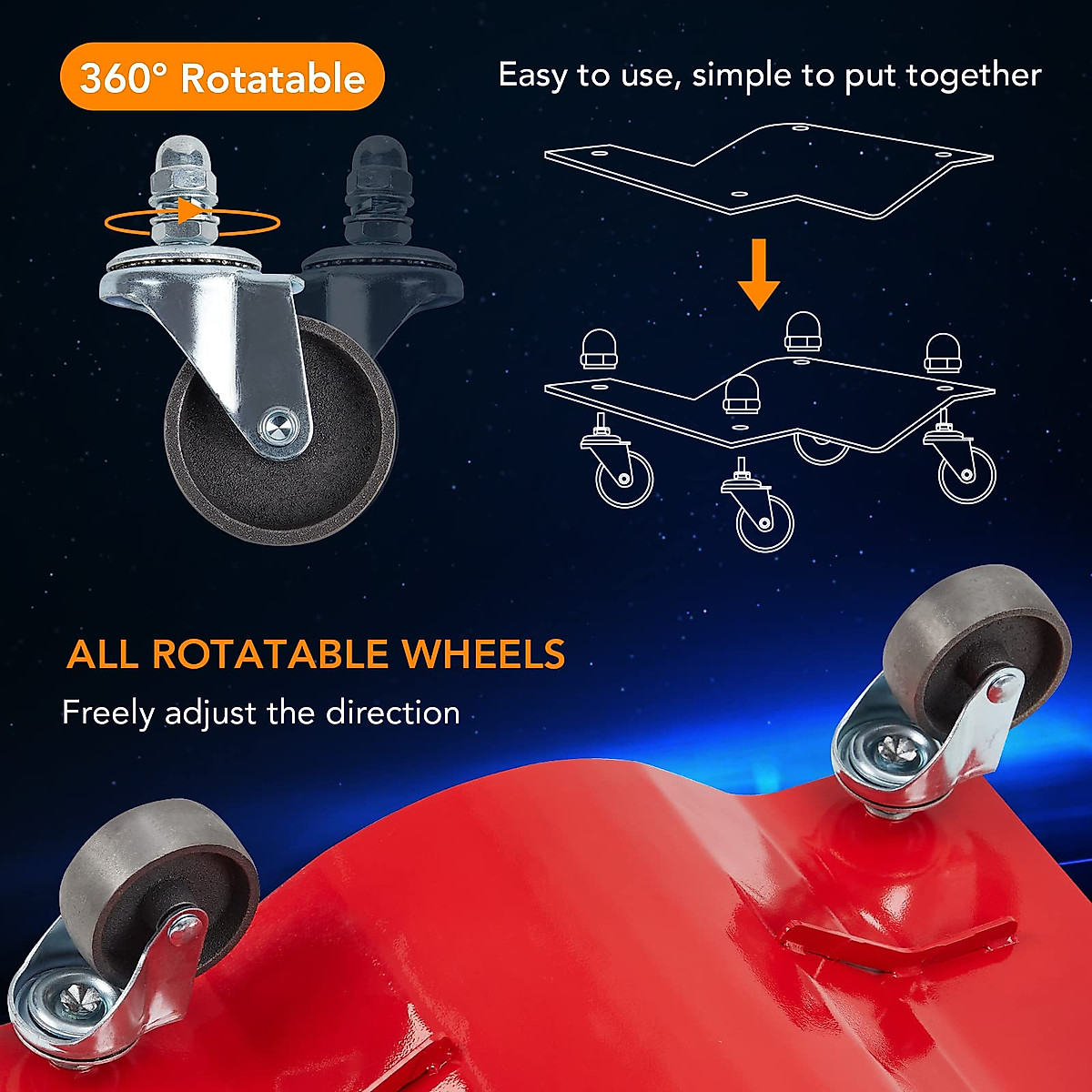 Car Dolly 4 Pack, Towallmark Wheel Car Dolly Tire Skates Premium Skates Moving Car Easy, Total 6000lbs High Load Bearing, Antiskid Plate Design, All-Direction Rotatable Wheel, 12’’x16’’, Red