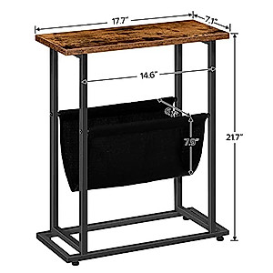 HOOBRO Side Table with Magazine Holder Sling, Narrow End Table, Industrial Slim Nightstand for Small Spaces, Wood Look Accent Table with Metal Frame, Easy Assembly, Rustic Brown and Black BF81BZ01