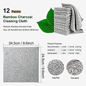 FGSAEOR Kitchen Dish Towels, Dish Cloths for Washing Dishes, Highly Absorbent Cleaning Cloth Thick and Fast Drying Tea Towels with Bamboo Charcoal Fiber, Nonstick Oil Washable Dish Rags (12 Pack)