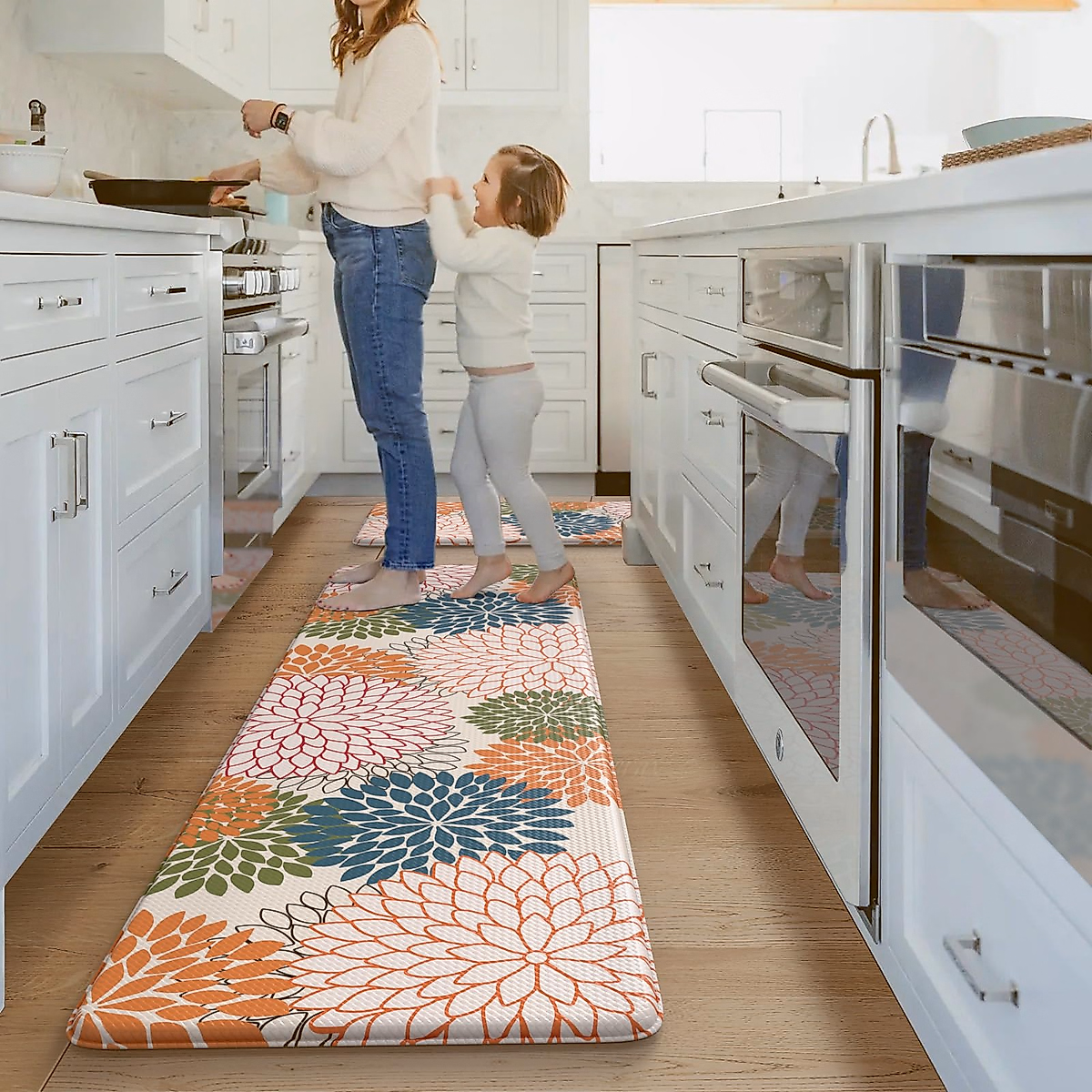 Kitchen Rugs and Mats Cushioned Anti Fatigue Kitchen Mat 2PCS Non-Skid Waterproof Kitchen Runner Rug Comfort Foam Standing Mat for Floors,Office,Laundry,Sink,Floral