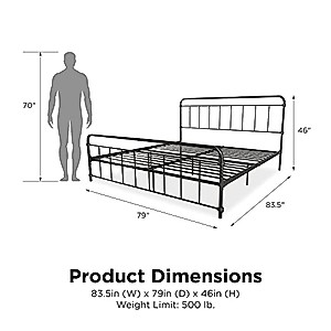 DHP Winston Metal Platform Bed with Rustic Design and Curved Edge Headboard and Footboard, Adjustable Base Height for Underbed Storage, No Box Spring Needed, King, Black
