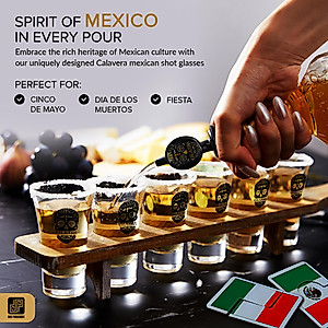 Don Paragone Calavera Tequila Shot Board Set - Fine Oak Wood Shot Glass Holder Tray with 6 Tequila Shot Glasses, Cutting Board, Lime Knife, Salt Tin, Bottle Pourer - Tequila Gifts for Tequila Lovers