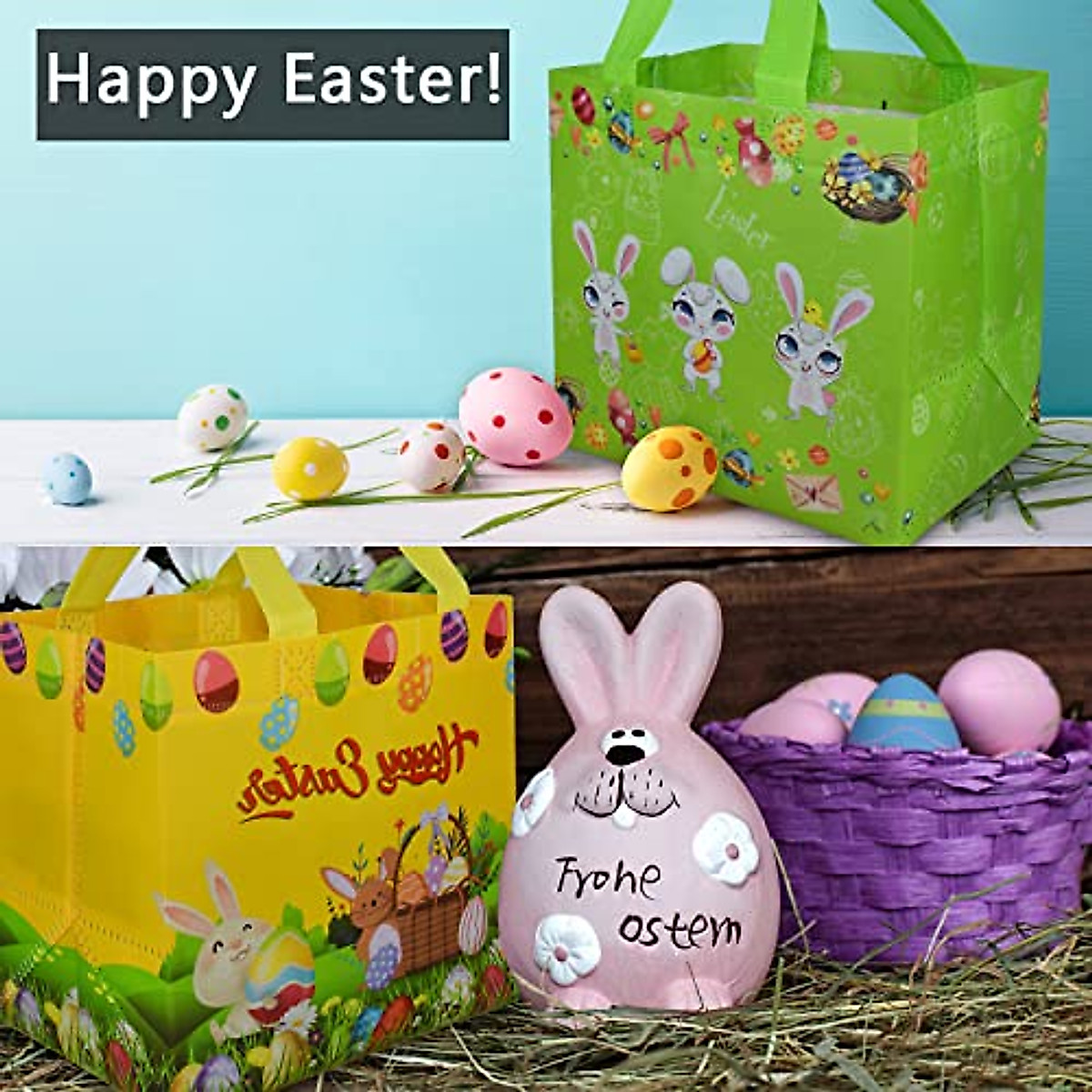 SUNSHNO 12Pack Easter Tote Bags Large Easter Gift Bags with Handles Reusable Easter Non-Woven Bags Grocery Shopping Bunny Easter Egg Totes for Easter Holiday Party Supplies-8.19’’x7.8’’x5.85’’