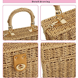 TaiGuri Women's Handmade Straw Rattan Woven Chain Purse Tote Shoulder Bag Handbag, Khaki, Medium