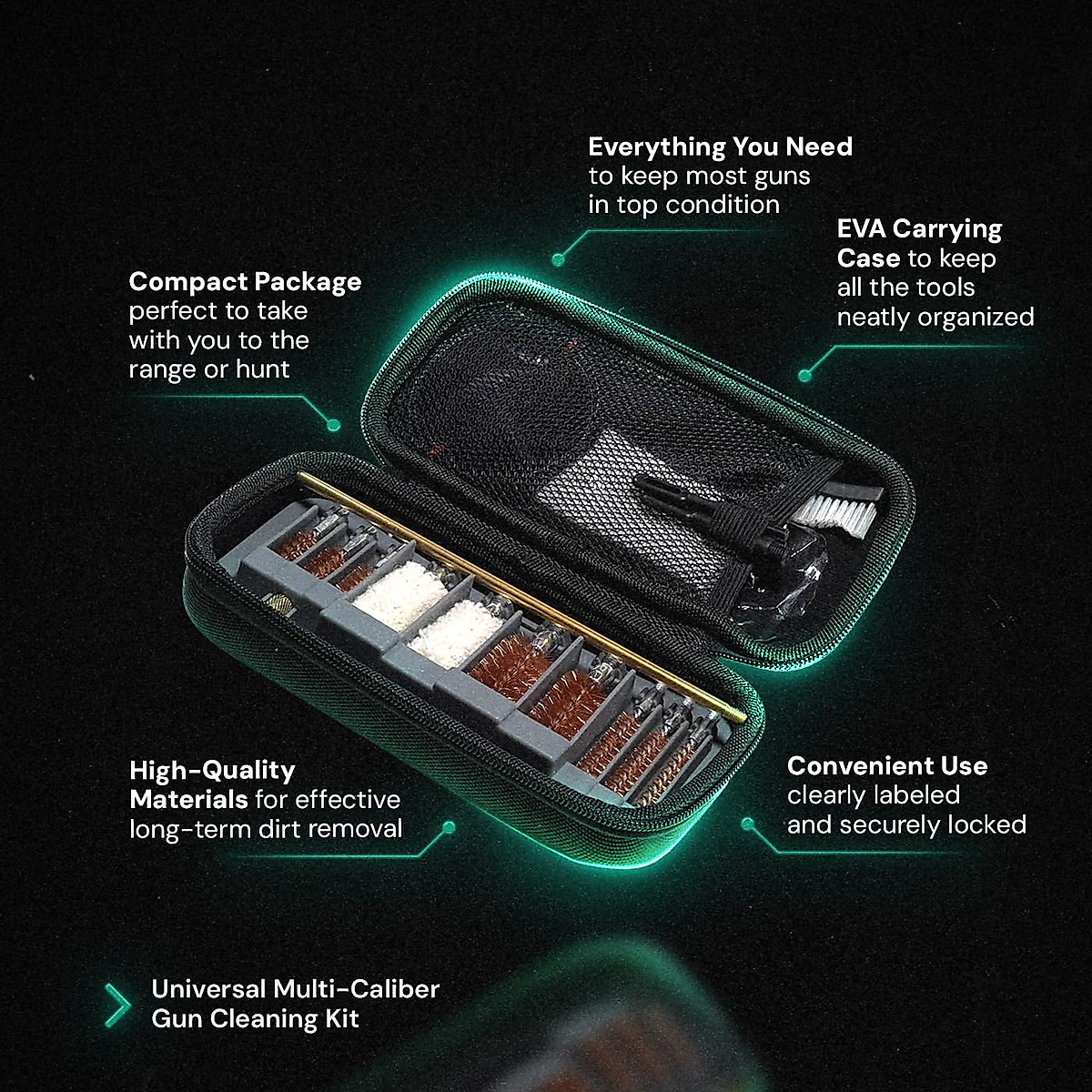 GRITR Universal Multi-Caliber Gun Cleaning Kit | 12 Ga/20 Ga/.22 Cal (223/5.56) Pistol, Rifle & Shotgun Cleaner Supplies Set w/EVA Carrying Case | Bronze Brushes, Cotton Mops, Rod, Cleaning Patches