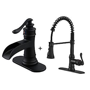 BWE Black Bathroom Faucet Matte Waterfall Sink Farmhouse Bath Vanity Single Hole Bundle with Kitchen Sink Faucet with Deck Plate Matte Black with Pull Down Sprayer 3 Spray Modes