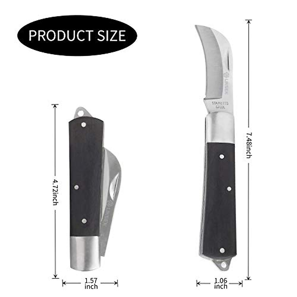 Linsen-outdoor Black Handle Pruning Knife,Grafting Knife, Stainless Steel Garden Budding Knife, Folding Pocket Knife for Grafting Multi Cutting Tool, Weed Bushes Branches Mushroom Diggig Knife
