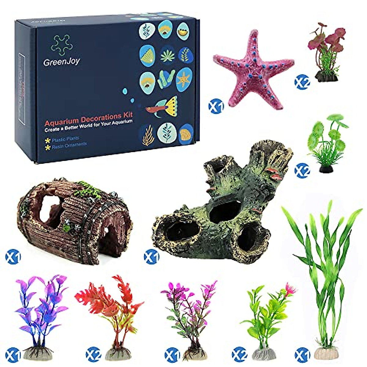 GreenJoy Aquarium Decorations Fish-Tank Accessories Plants - Fish Tank Decor Kit with Artificial Plants and Hideouts Ornaments,Small (Ornaments Set #1)