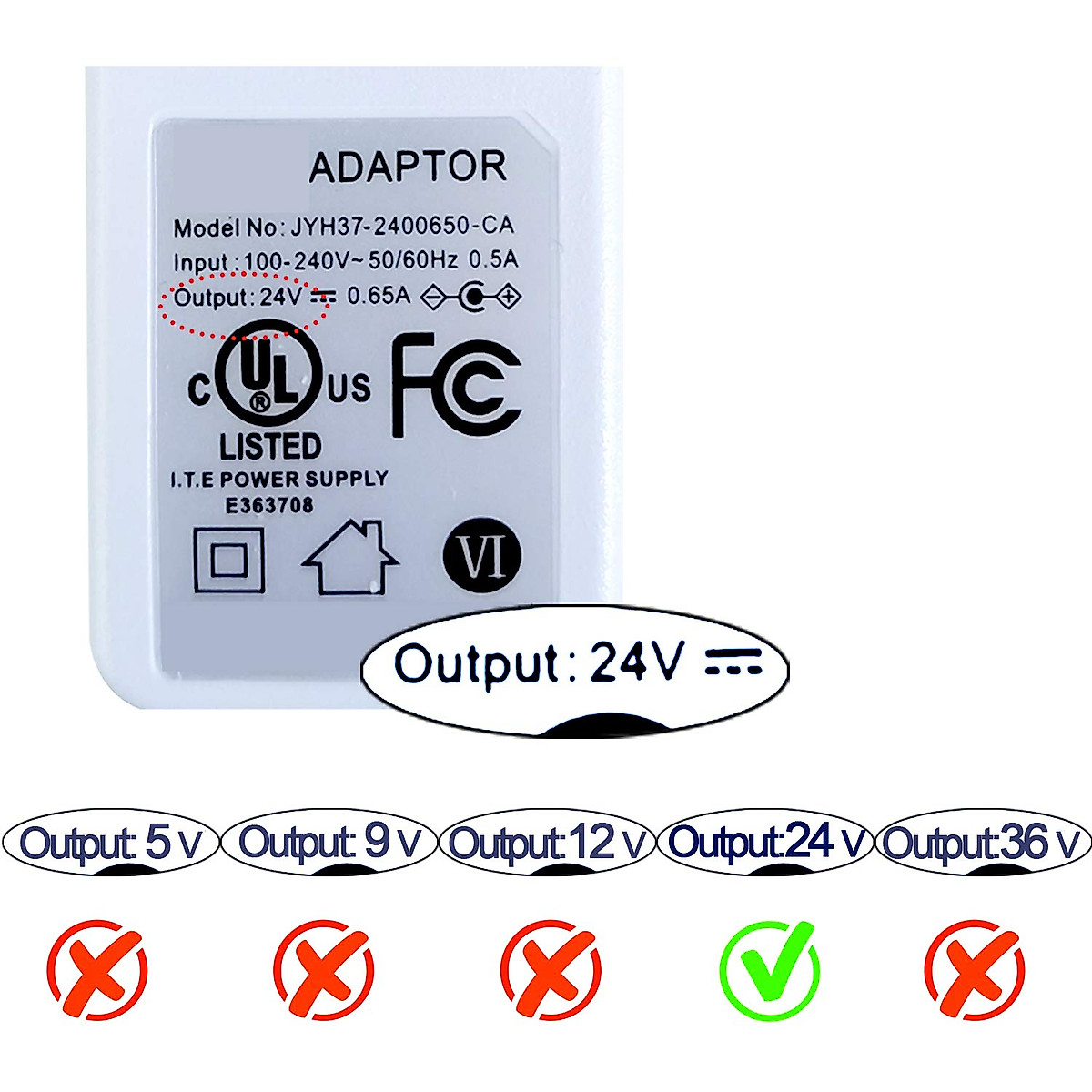 Samyo 24V 0.65A AC to DC Adaptor Switching Power Supply Replacement Cord Cable for 100ml / 120ml / 300ml / 500ml Essential Oil Diffuser UL Listed 5.7Ft - White