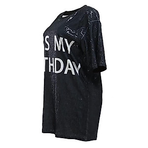KIRJAUDU Womens Sparkly Sequin Shirt Dress Letter Print 3/4 Sleeve Short Dresses Party Clubwear Black XXL