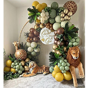134Pcs Safari Jungle Balloon Garland Arch Kit- Sage Olive Green and Brown Balloons for Wild One Dinosaur Theme Party Supplies with Animal Print and Metallic Gold Ivory Tan Balloons for Boy Girl Lion King First Bithday Woodland Baby Shower Wedding Graduati