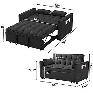 Zacis 3 in 1 Convertible Sleeper Sofa Couch Bed, Modern Space Saving Velvet Sofa Bed with Armrests, Storage Pockets & 2 Pillows, Sofa Bed Couch for Living Room Bedroom Office Apartment