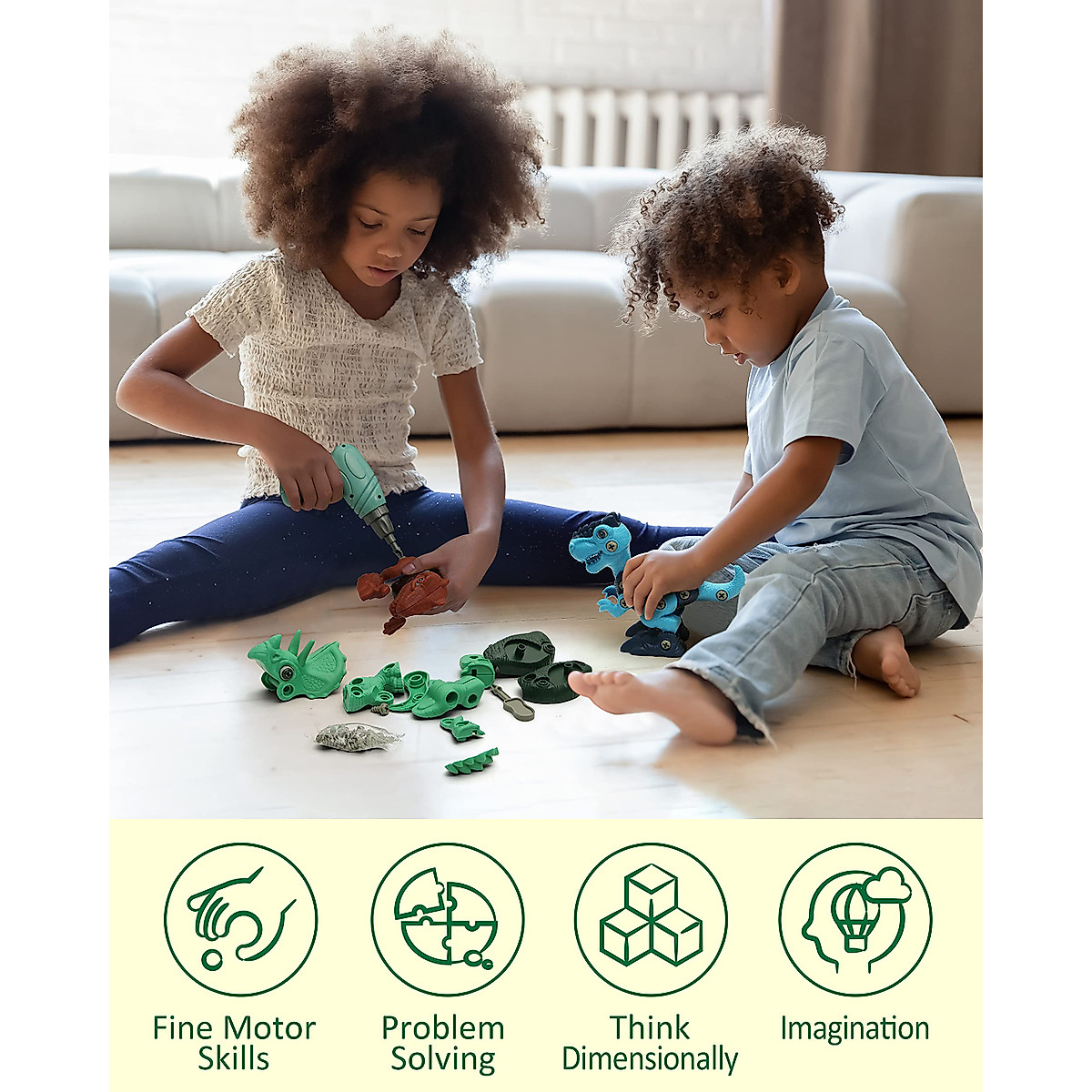 Coogam Take Apart Dinosaur Construction Toys 3 Pack, Fine Motor Skill Building Dinosaur Set STEM Educational Gift Game with Drill-Tyrannosaurus, Triceratops, Velociraptor for Year Old Kids