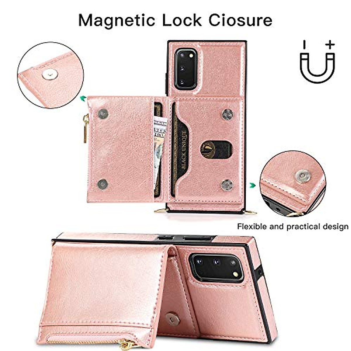 UEEBAI Crossbody Wallet Case for Samsung Galaxy S20 FE 5G, PU Leather Zipper Wallet Case with Card Slots with Removable Crossbody Wrist Strap Kickstand Magnetic Flip Case Cover - Rose Gold