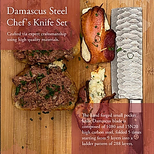 Morf Steelware Professional Damascus Kitchen Knife Set - 5 Piece Chef Knife Collection, Handmade with Steel and Leather Roll - Knife for Chefs and Home Cook