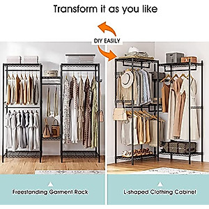 coucheta Clothes Rack Heavy Duty Garment Rack Portable Wardrobe Closet with Adjustable Shelves, Hanging Rods, Side Hooks for Hanging Clothes, Freestanding & L-shaped Closet (1 inch Diameter, Black)
