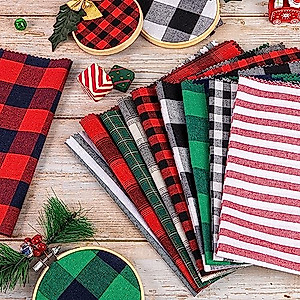 Caydo 10 Pcs Cotton Checkered Fabric Squares, 18 x 18 Inch Stripe Fat Quarters Checked Cloth Quilting Fabric Scraps for Christmas DIY Crafting Sewing Patchwork