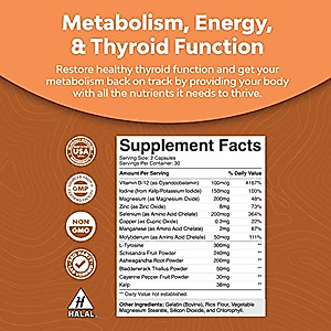 Herbal Thyroid Support Complex - Iodine Thyroid Supplement with L Tyrosine Bladderwrack Kelp Selenium and Ashwagandha - Mood Enhancer Energy Supplement for Thyroid Health - 60 Halal Capsules