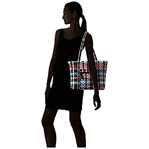 Vera Bradley Women's Cotton Small Vera Tote Bag, Ribbons Plaid - Recycled Cotton, One Size