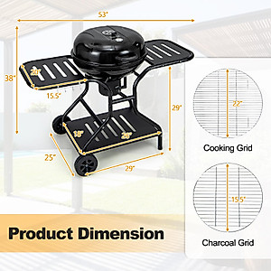 Giantex Kettle Charcoal Grill 22-Inch, Porcelain Enamel Body and Lid, 2 Side Tables with 4 Hooks, Storage Shelf, Upgraded Ash Catcher, Thermometer, Air Vents, Outdoor Cooking Barbecue Grill