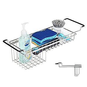 TreeLen Sink Caddy Sponge Holder Kitchen Sink Organizer Sponge Caddy Farmhouse Sink Accessories Rag Detergent Brush Dishwashing Liquid Rack Expandable 14-3/4" to 20" Stainless Steel