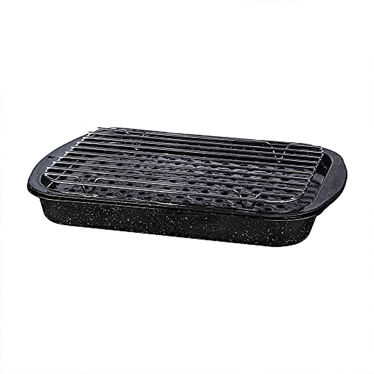 Granite Ware 3 Piece Multiuse Set (Speckled Black) Enamelware Bake, Broiler Pan and Grill - With Rack Suitable for Oven, direct on Fire.