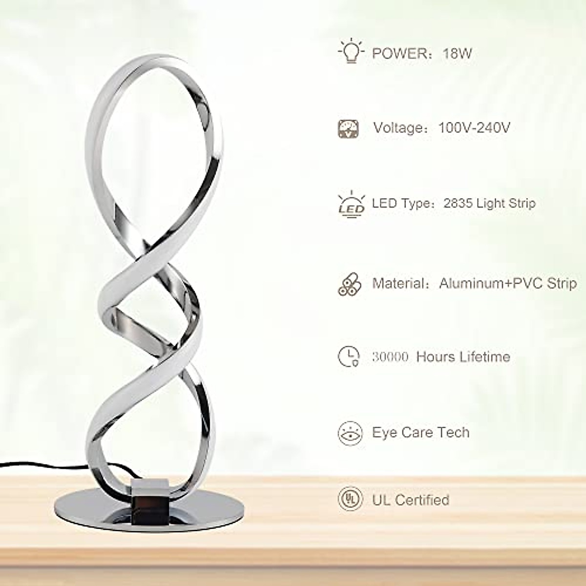 Adebime LED Modern Table Lamp, Small Unique Bedside Table Lamp Spiral Lamp Stepless Dimmable Silver Nightstand Lamp 12W, 3200K Warm White Modern Desk Lamp, Side Table Lamp for Living Room Bedroom