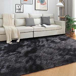SOANNY Dark Grey Area Rugs for Living Room Bedroom, 4x6 ft Tie-Dyed Shag Lounge Carpet, Fluffy Plush Soft Throw Rug for Kids Room Nursery Indoor Furry Floor Carpets Home Decor