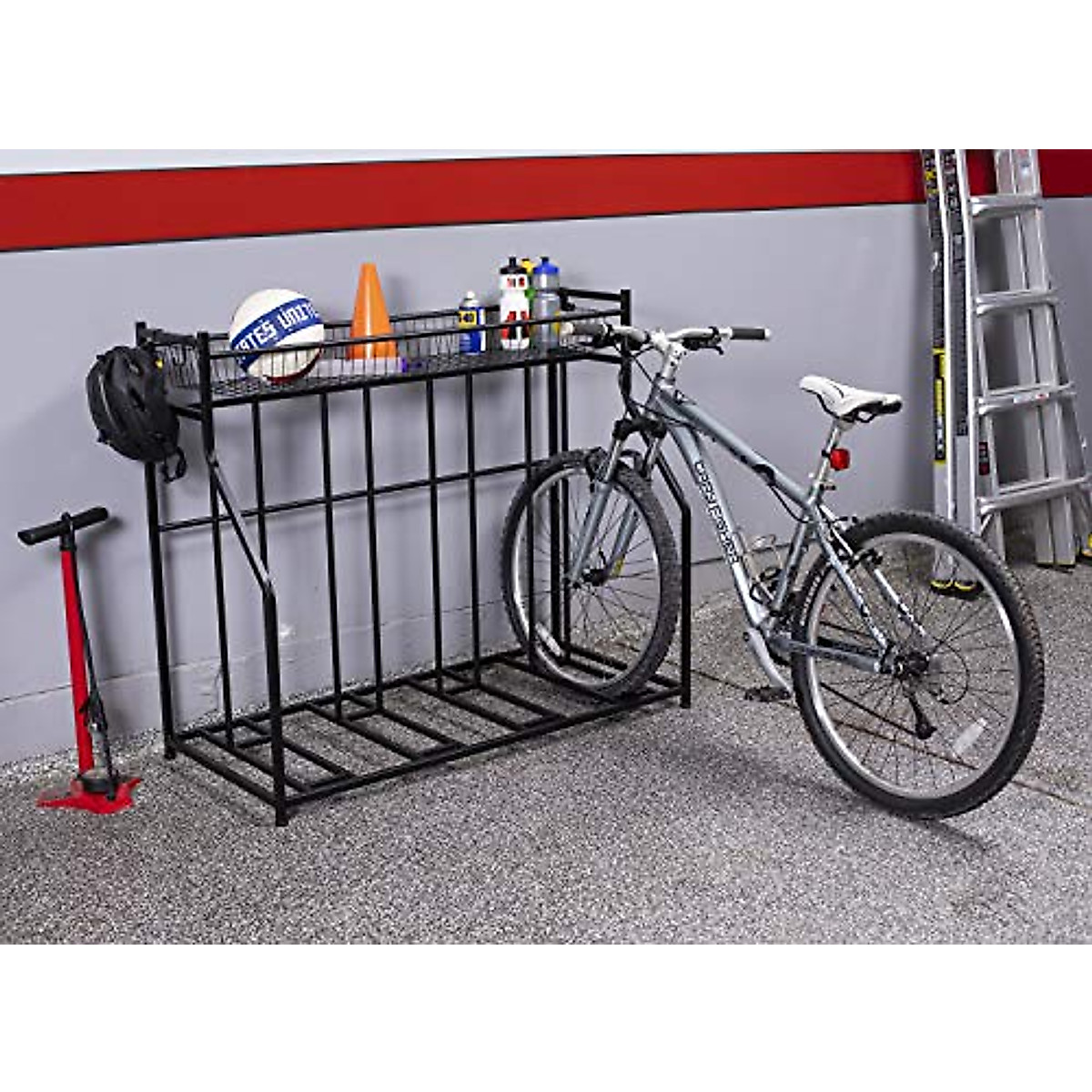 4 Bike Stand Rack with Storage – Great for Parking Road, Mountain, Hybrid or Kids Bikes – Garage Organizer - Helmet - Sports Storage Station - Black