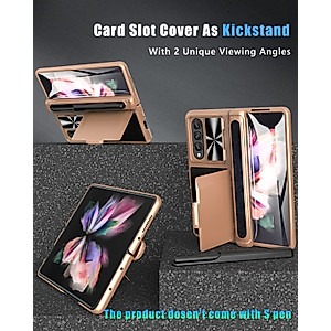 Vihibii for Samsung Galaxy Z Fold 3 Case with S Pen Holder & Hinge Protection, Credit Card Slot Kickstand Design, Slide Camera Cover & Screen Protector, Hard PC Phone Case for Z Fold 3 5G (Rose Gold)