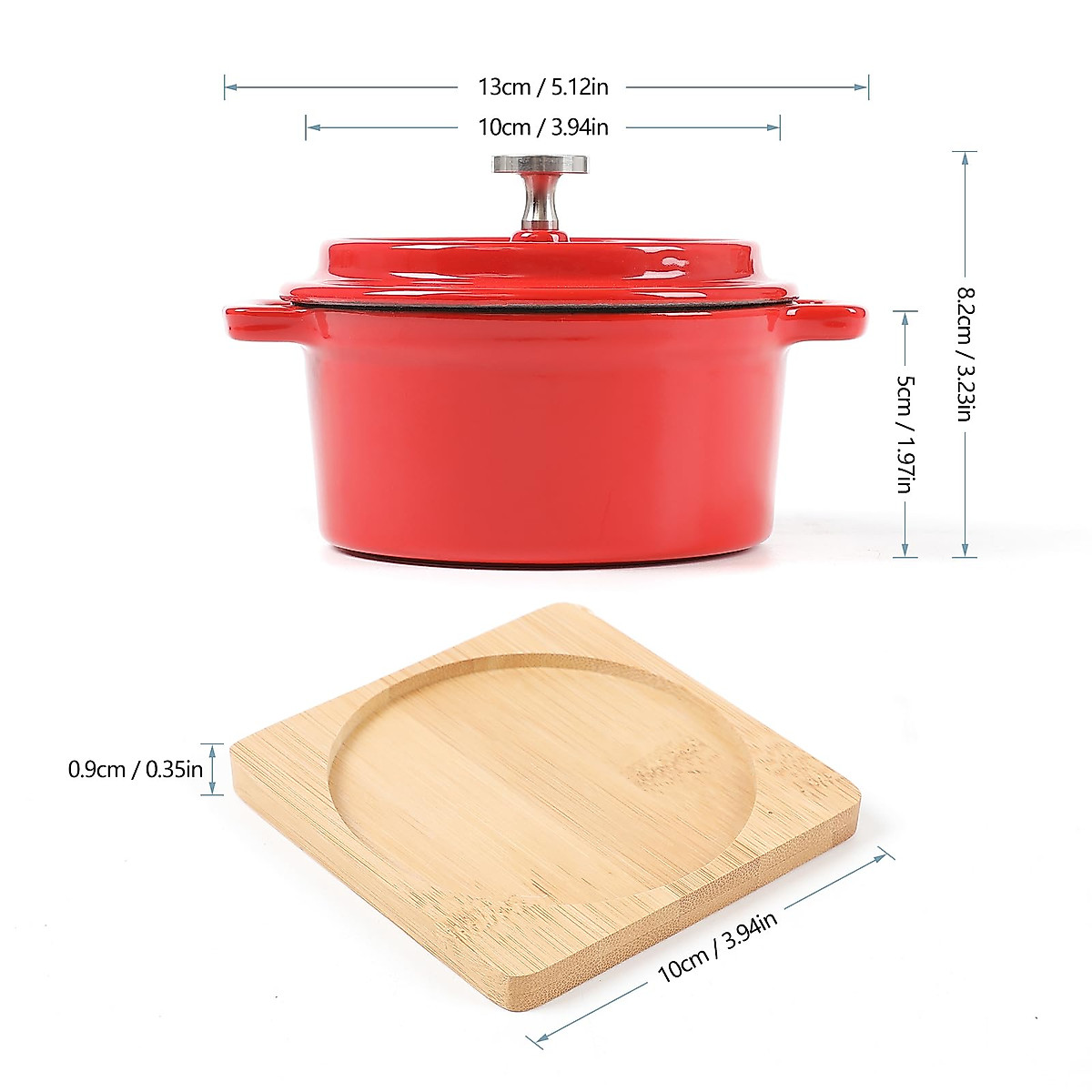 HAWOK Enameled Cast Iron Mini Round Cocotte Set, 0.3QT Mini Dutch Ovens with Lids and Bamboo Trays, 270ml/9.13oz/1.08cups, Set of 2, Red
