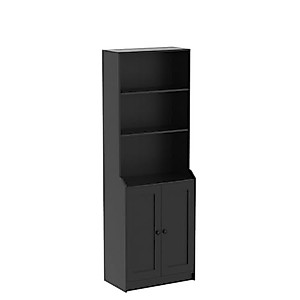 Cozy Castle 75 Inch Tall Bookshelf with Doors, Modern Floor Standing 5-Tier Bookcase with Storage Cabinet and Adjustable Shelves for Living Room, Office, Bedroom 27.6" W x 15.7" D x 75.6" H, Black