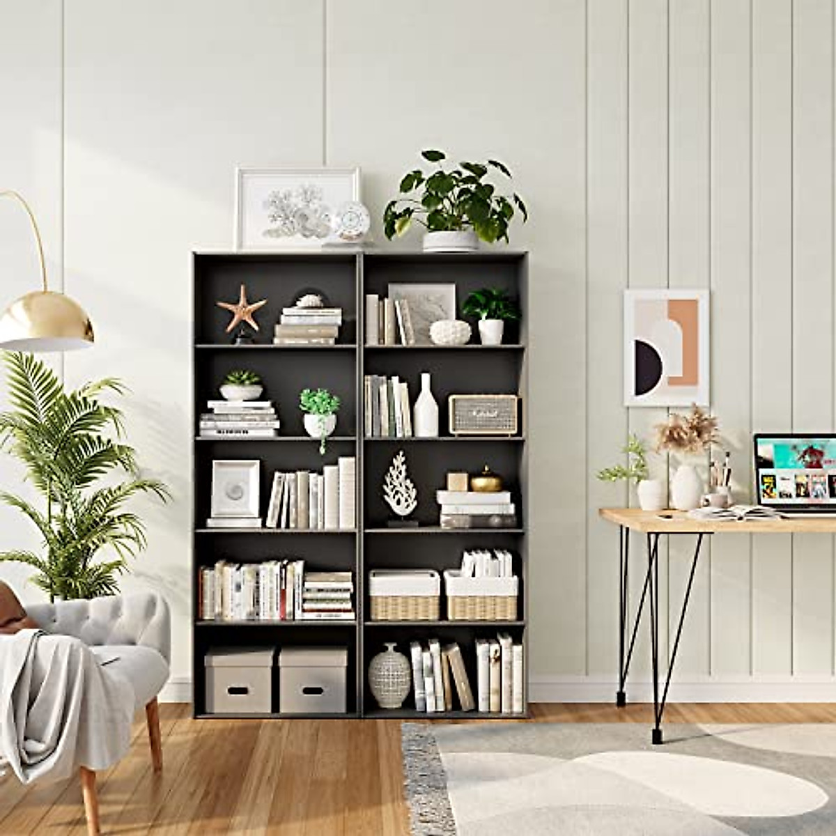 Tangkula 5-Shelf Bookcase, 23.5''L x 9.5''W x 67''H, Multi-Functional Wood Storage Display Open Bookshelf for Home Office (Black)