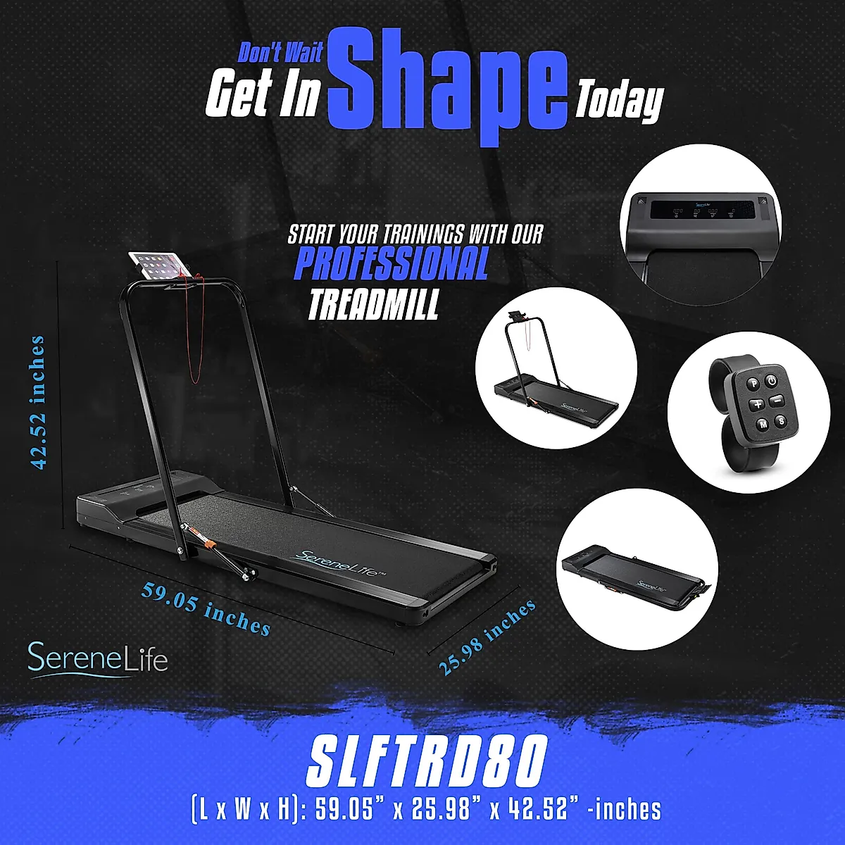 SereneLife Folding Treadmill Exercise Running Machine, Under Desk Storage, Electric Motorized with16 Pre-Set Program, Bluetooth Integration, Home Gym/Office, Walking or Jogging, 265lbs Capacity