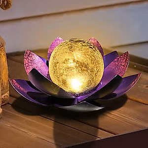 QZZP Solar Lights Outdoor Garden Decor,Crackle Globe Glass Decoration,Outside Waterproof Purple Metal Lotus Flower for Pathway,Walkway,Patio,Yard,Lawn,Tabletop,Ground
