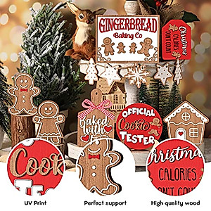 Christmas Tiered Tray Decor Winter Table Wooden Sign Decorations Xmas Tabletop Farmhouse Coffee Signs Ginger Man Snowmen Santa Decor for Christmas Party Home Kitchen Holiday (Classic, 12 Pcs)