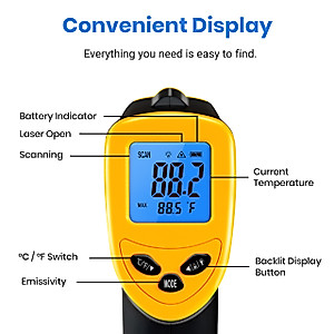 Etekcity Infrared Thermometer 1080, Heat Temperature Temp Gun for Cooking, Laser IR Surface Tool for Pizza Oven, Meat, Griddle, Grill, HVAC, Engine, Accessories, -58°F to 1130°F, Yellow