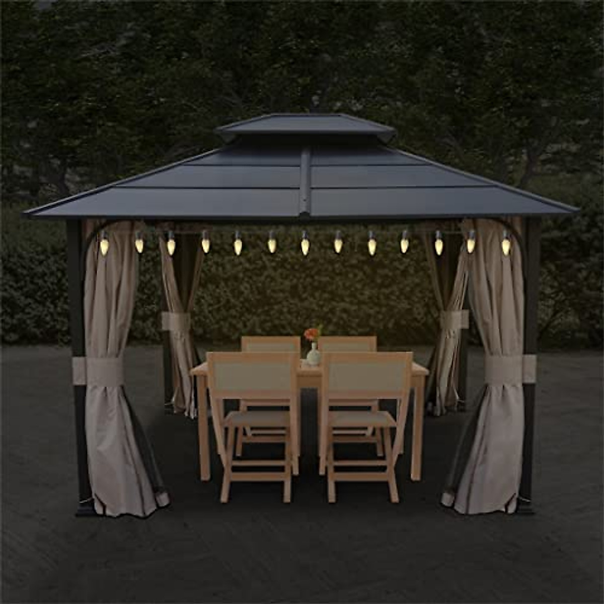 ADUH 12 Ft. W X 14 Ft. D Metal Black 2-Tier Double Roof Patio Gazebo with Curtains and Netting (Color : D, Size : 12 Ft. W X 14 Ft)