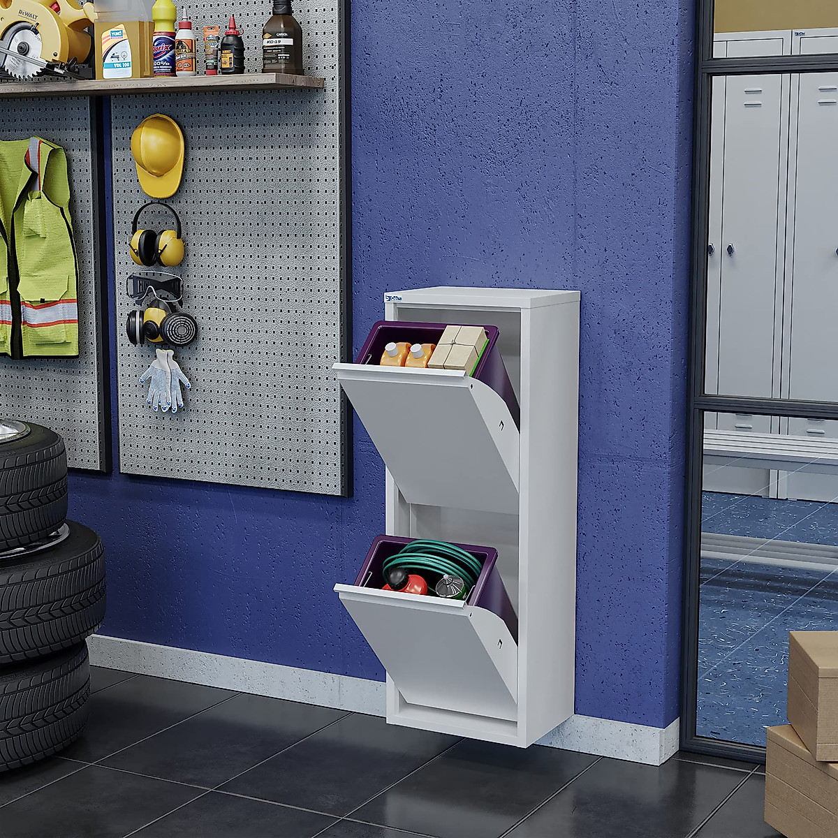 CEHA Metal Tilt-Out Multipurpose Cabinet with Hideaway Drawers- Durable Bathroom/Kitchen/Pantry/Kids' Room Organizer - Wall Mountable Versatile Separator, Double, 11" x 37" x 13", White